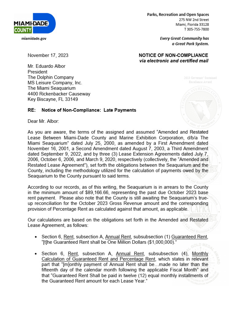 Notice of Non-Compliance - Miami Seaquarium (Rev 111723pip) | PDF