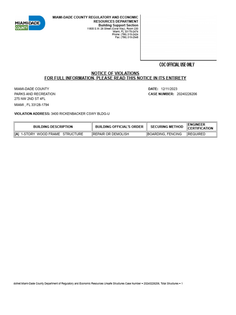 Miami-Dade Unsafe Structures Notice | PDF | Appeal | Foreclosure