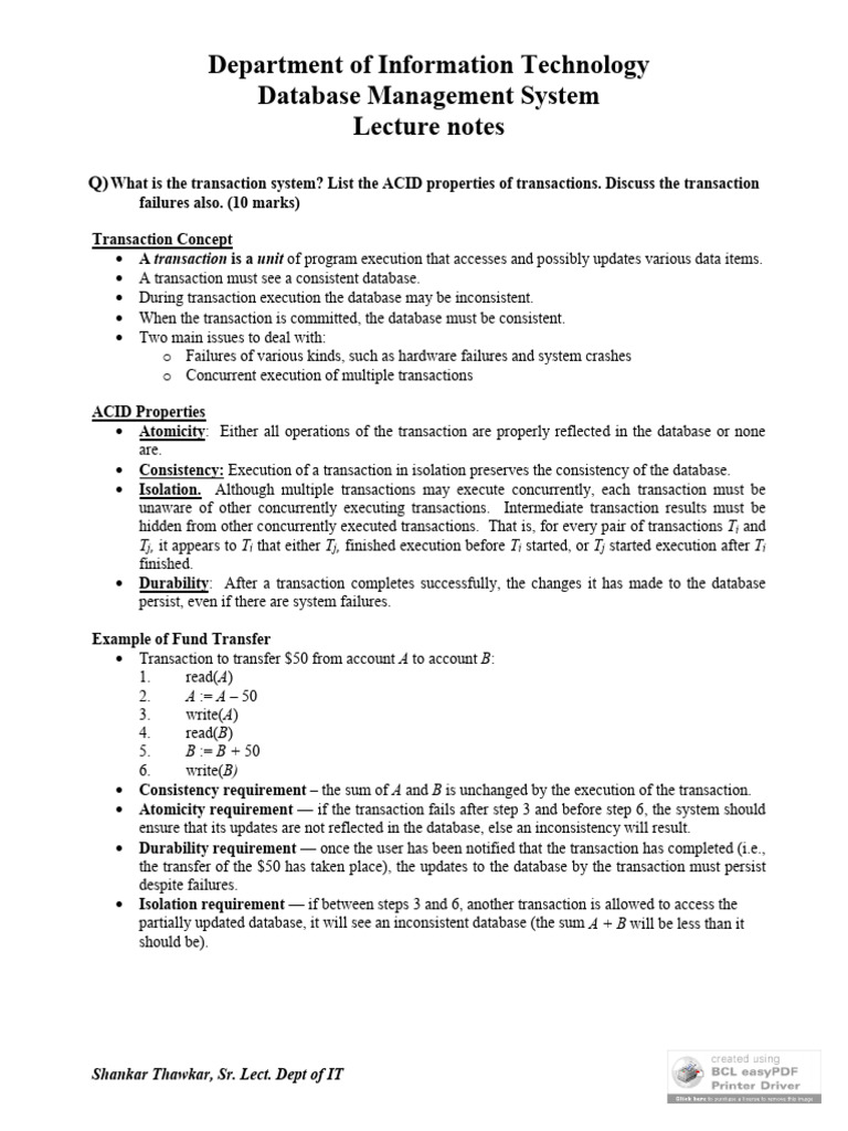 Lecture Notes-DBMS IV&v Unit | PDF | Database Transaction | Acid