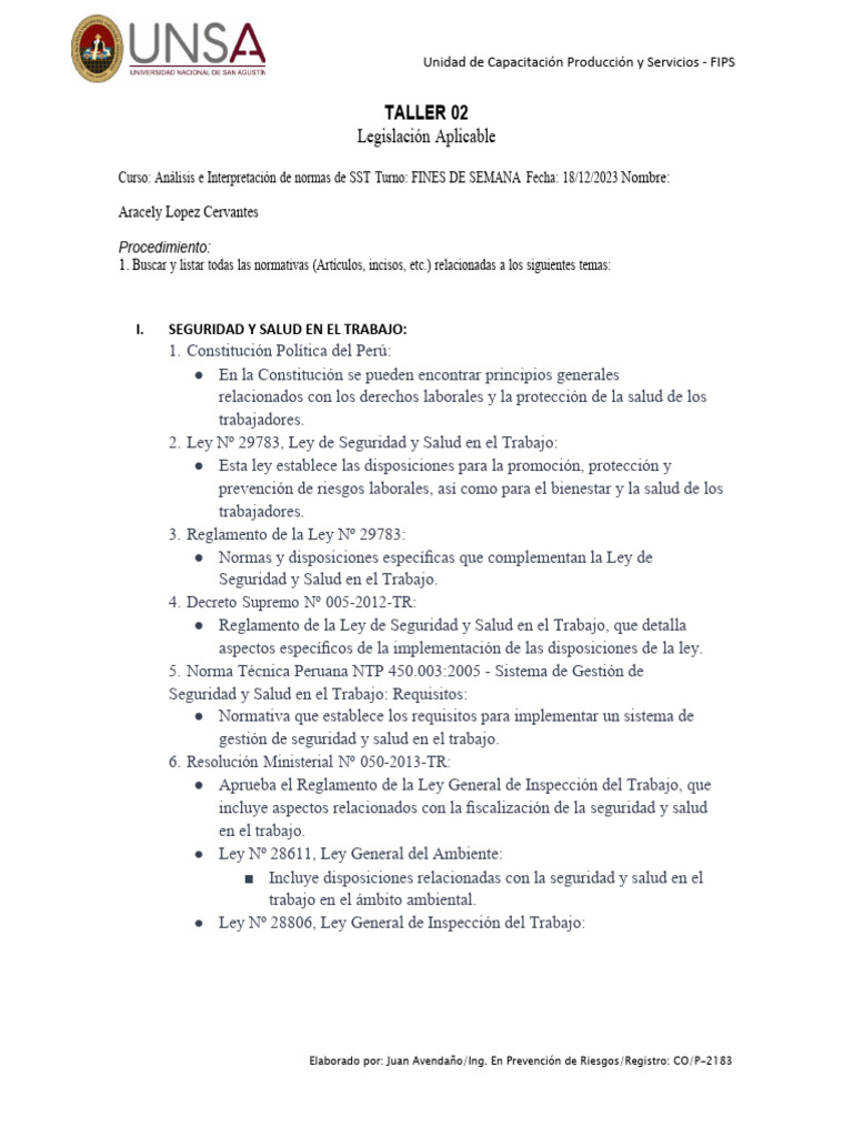 Normativas de SST en Perú: Taller 02 | PDF | Seguridad y salud ocupacional | Regulación