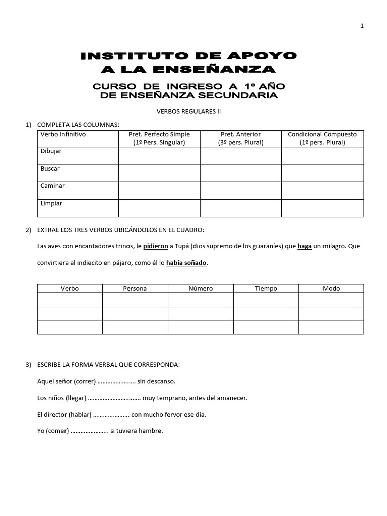 Verbos Regulares .Práctico Prueba de Verbos | PDF