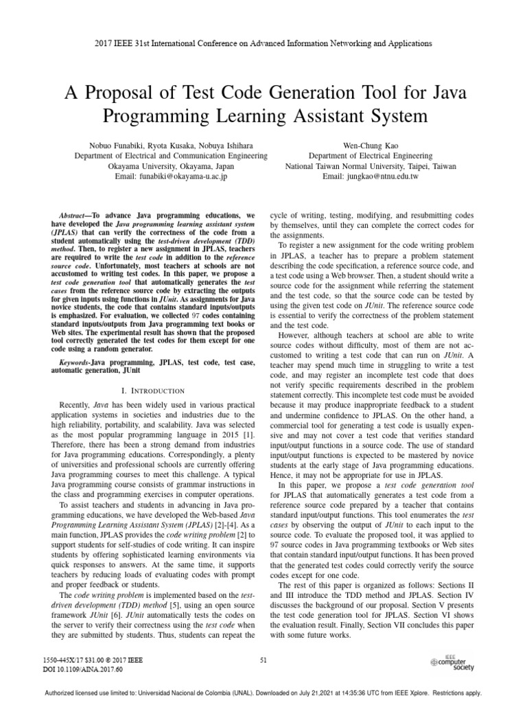 A Proposal of Test Code Generation Tool For Java Programming Learning ... A Proposal of Test Code Generation Tool For Java Programming Learning ...