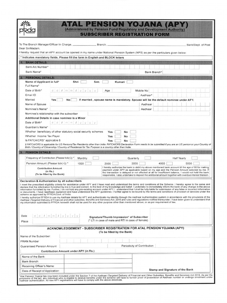 APY Subscriber Form | PDF | Government Of India | Governance