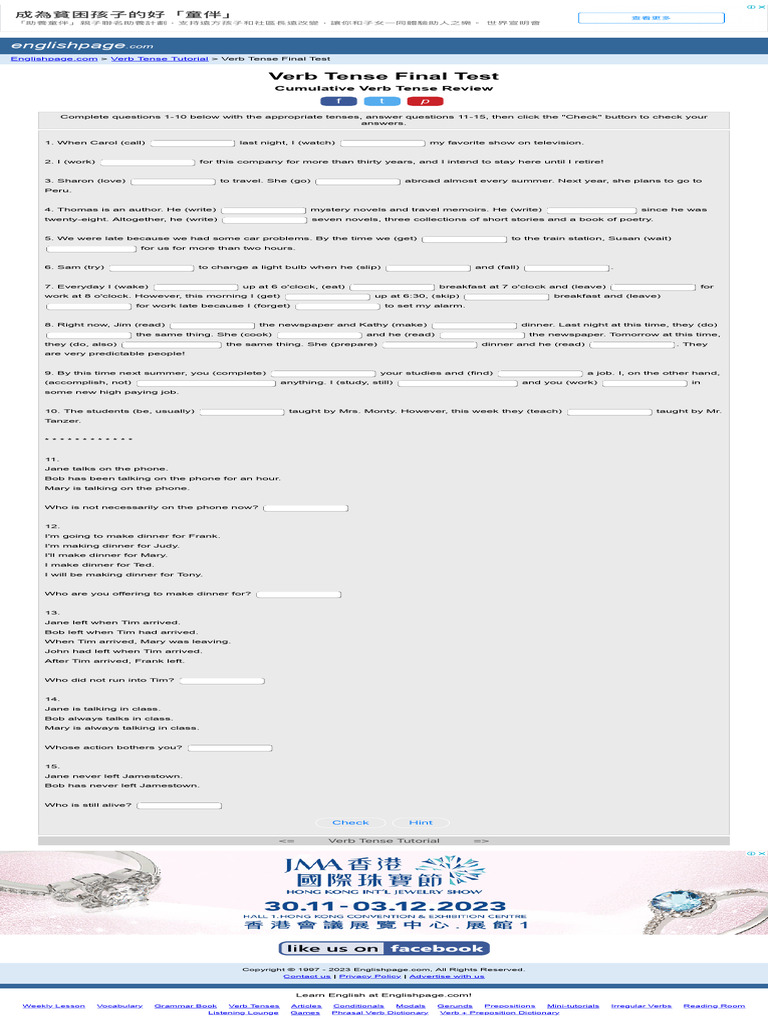Verb Tense Final Test English Page | PDF | Syntax | Linguistic Morphology