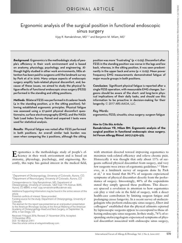 Ergonomic Analysis of The Surgical Position in Functional Endoscopic ...