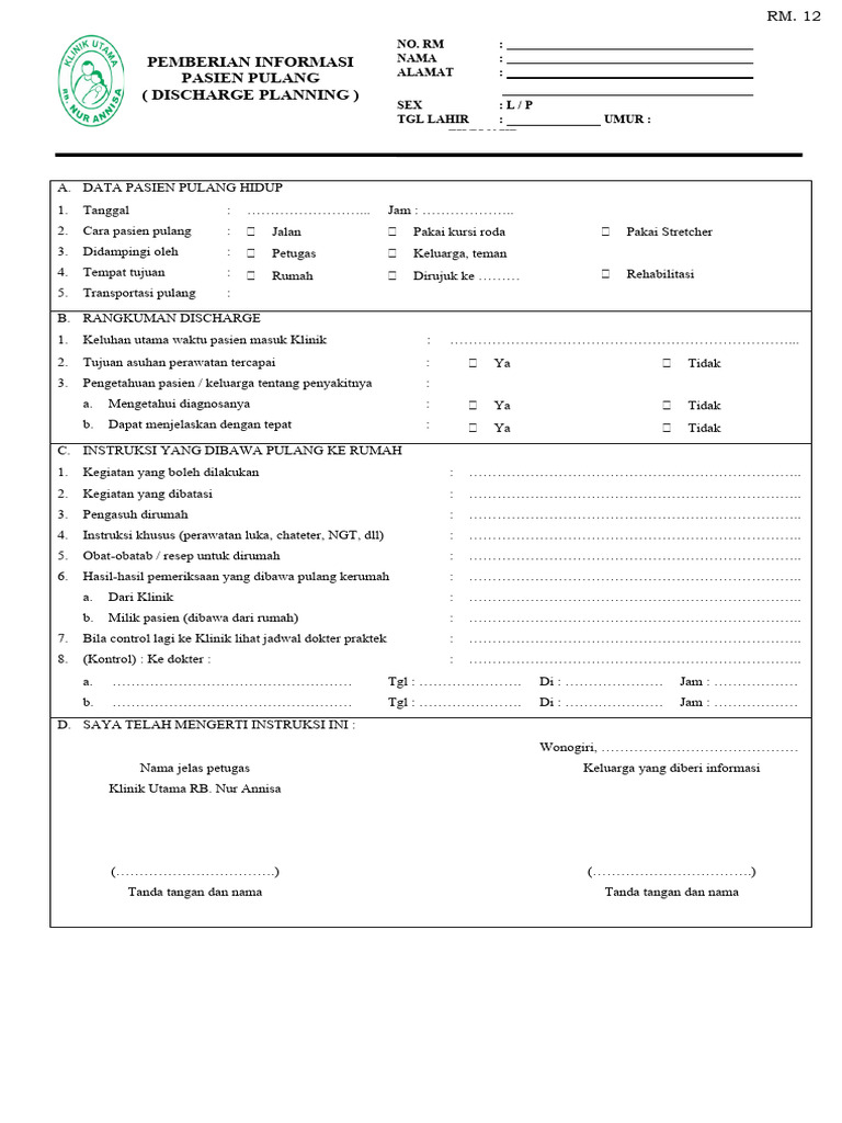 Lembar RM 12 Pemberian Informasi Pasien Pulang | PDF