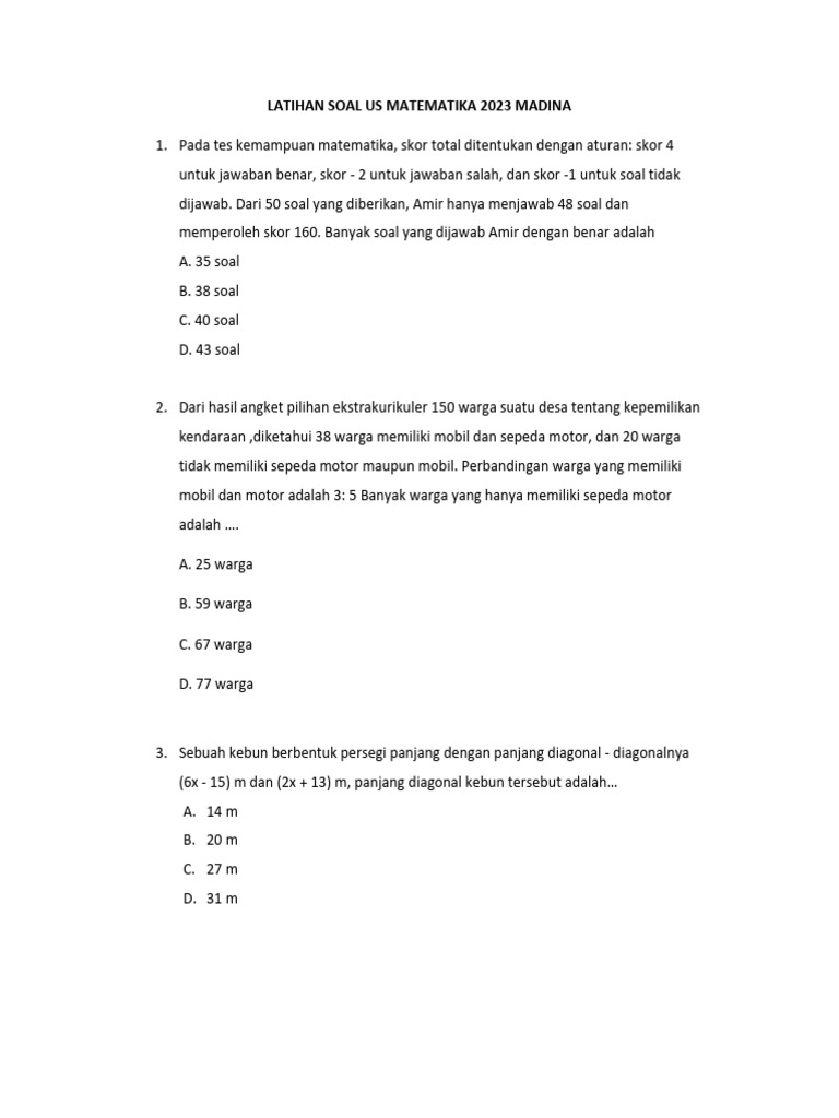 Latihan Soal Us Matematika 2023 SMP | PDF