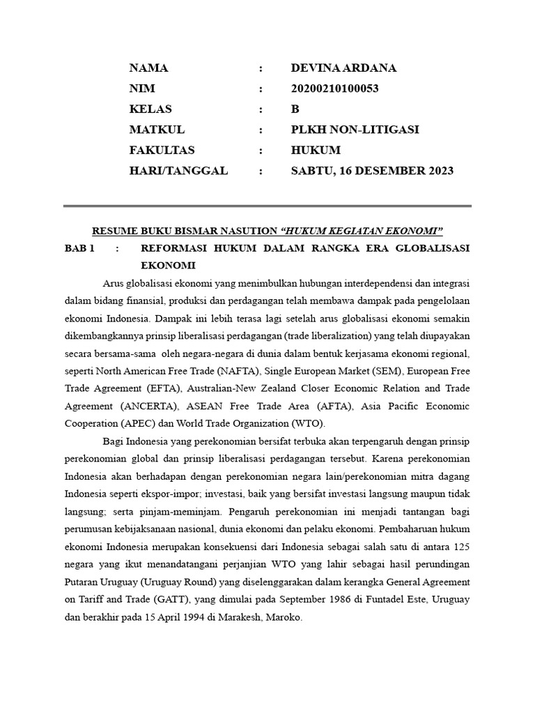 Resume Buku Hukum Kegiatan Ekonomi (PLKH NON LITIGASI) Devina Ardana | PDF Resume Buku Hukum Kegiatan Ekonomi (PLKH NON LITIGASI) Devina Ardana | PDF