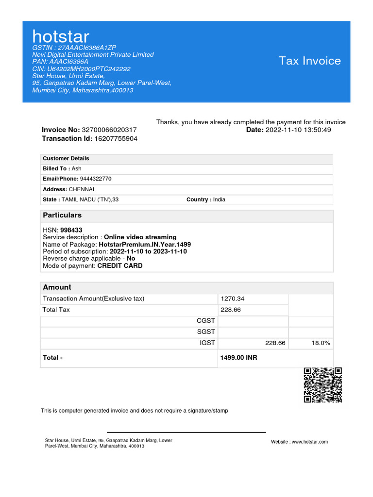 Hotstar: Tax Invoice | PDF