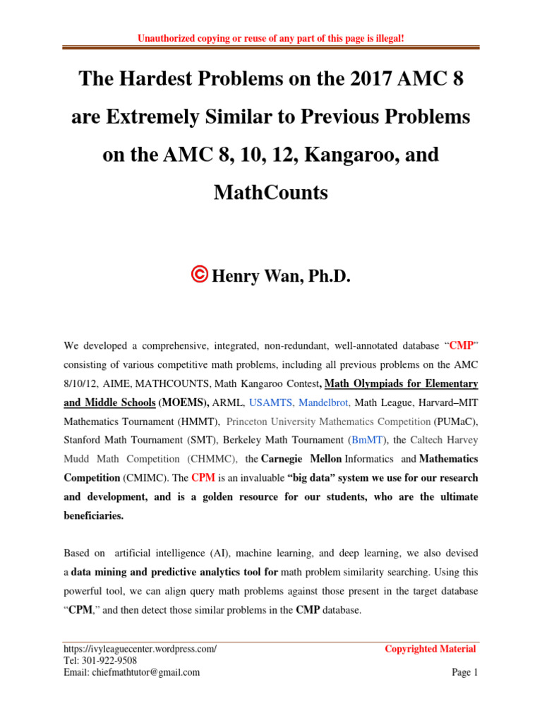 DR Henry Wan Hardest Problems On 2017 Amc 8 Similar To Previous Problems On Amc 8 10 12 and ...