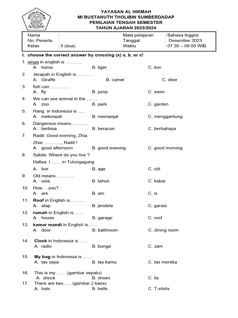 Soal B.ing Kelas 2 | PDF