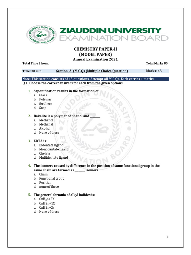 Chemistry Model Paper XII | PDF | Chemical Reactions | Alkane