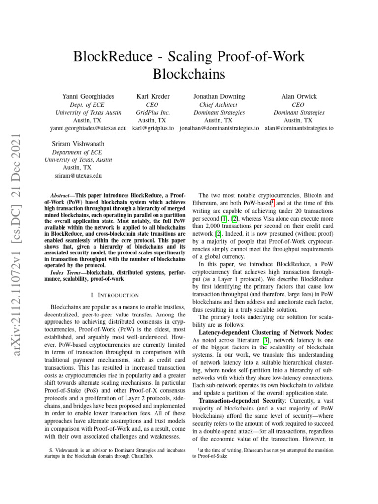 Blockreduce - Scaling Proof-Of-Work Blockchains: Yanni Georghiades Karl Kreder Jonathan Downing ...