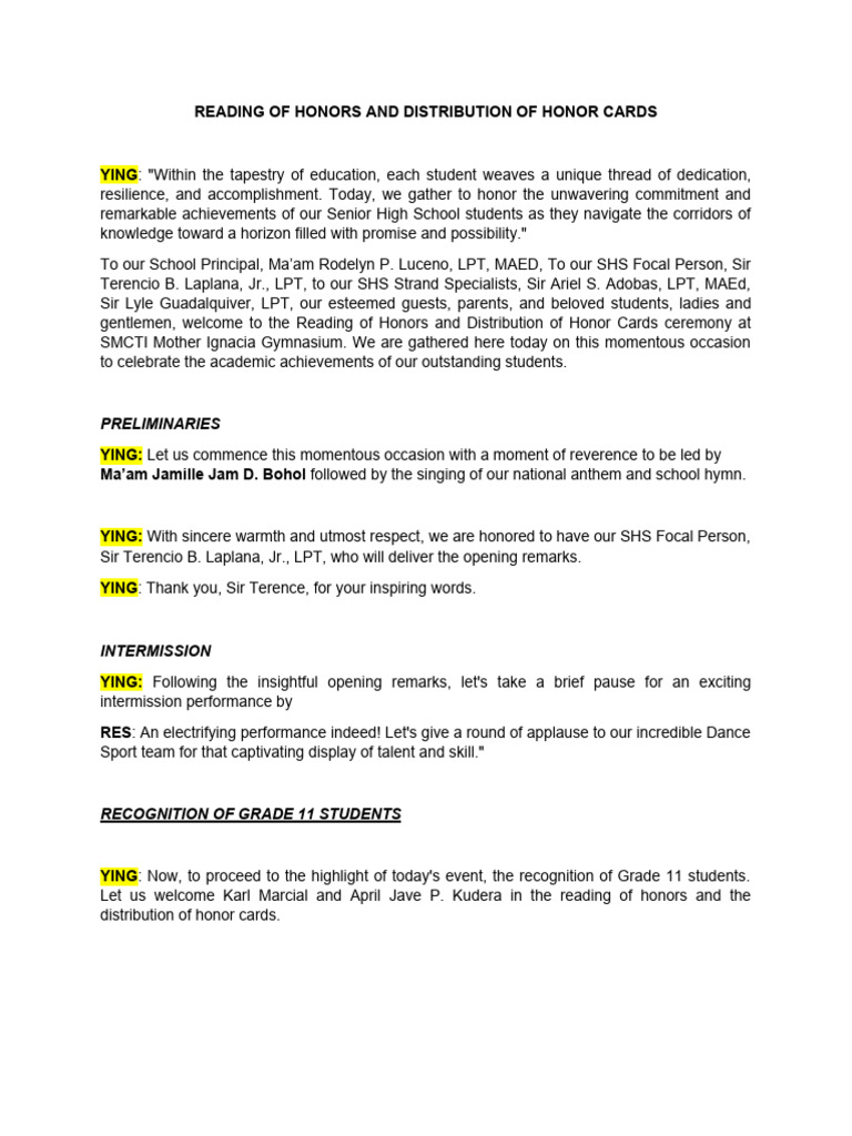 Reading of Honors Ceremony Script | PDF | Art