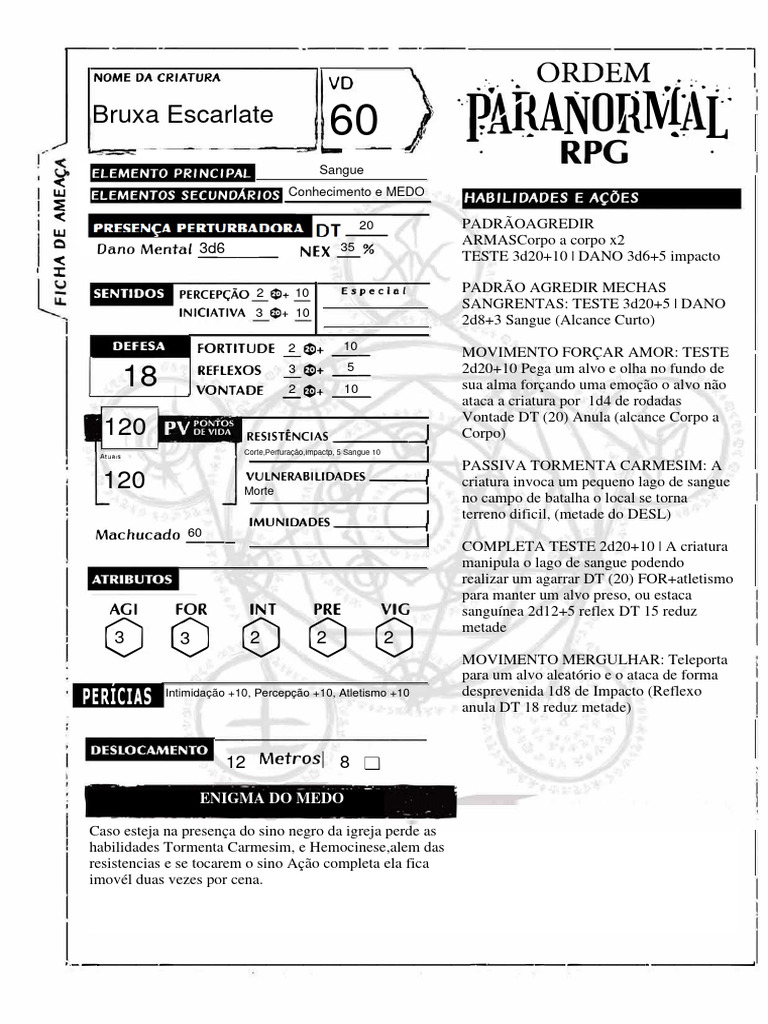 Ficha de Criatura RPG Ordem Paranormal | PDF