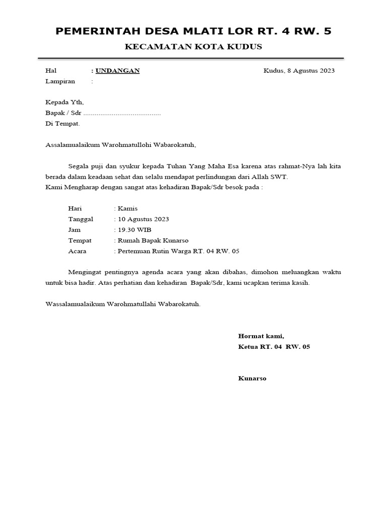 Undangan Rapat RT 2023 | PDF