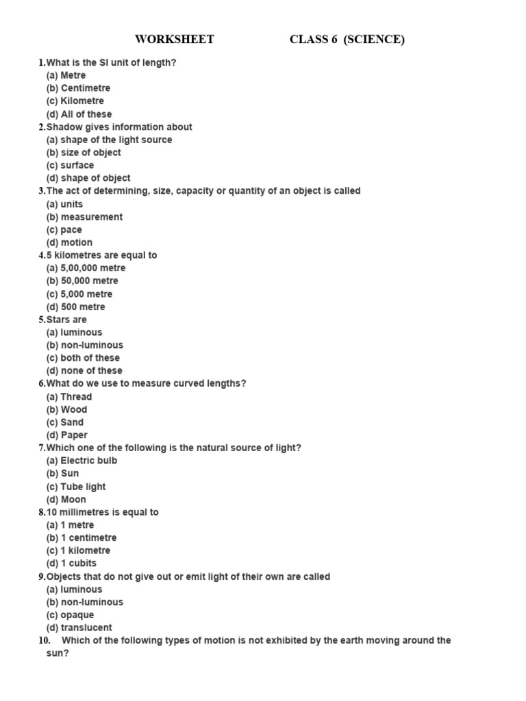 Worksheet-Class 6-Science | PDF