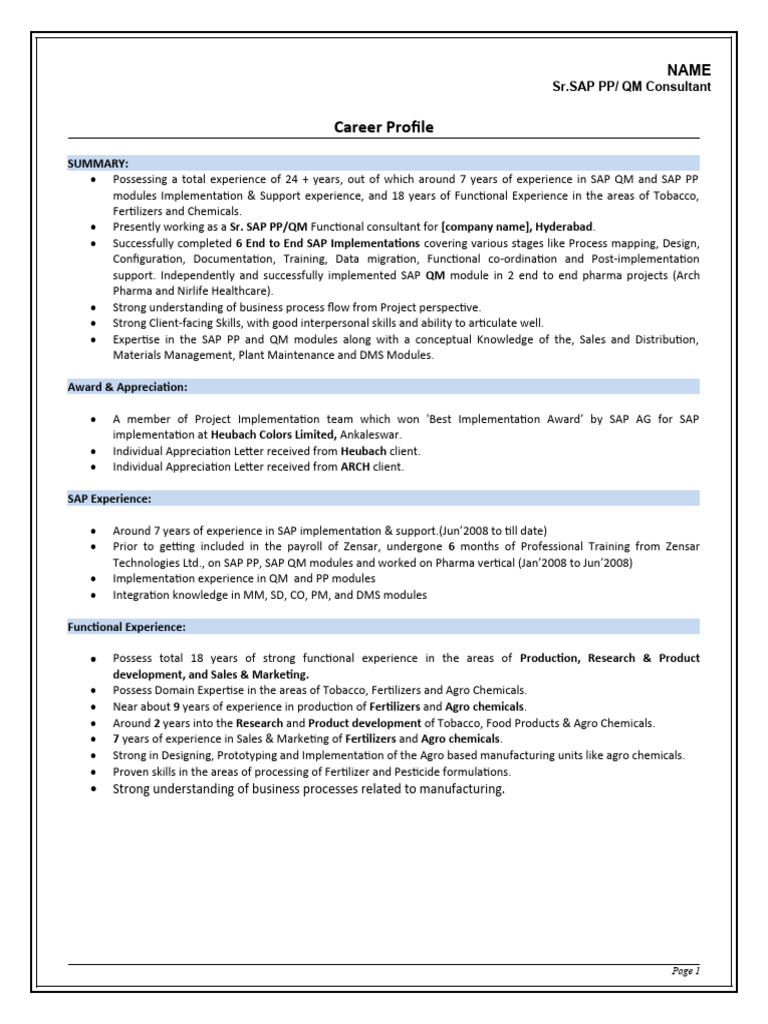 Sap PP Sample Resume 2 | PDF