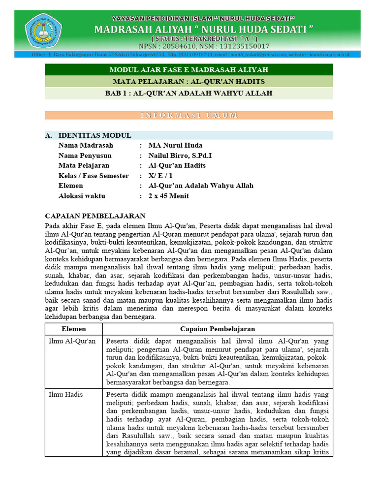 Modul Qurdis 10 Bab 1 - Al-Qur'an Adalah Wahyu Allah | PDF