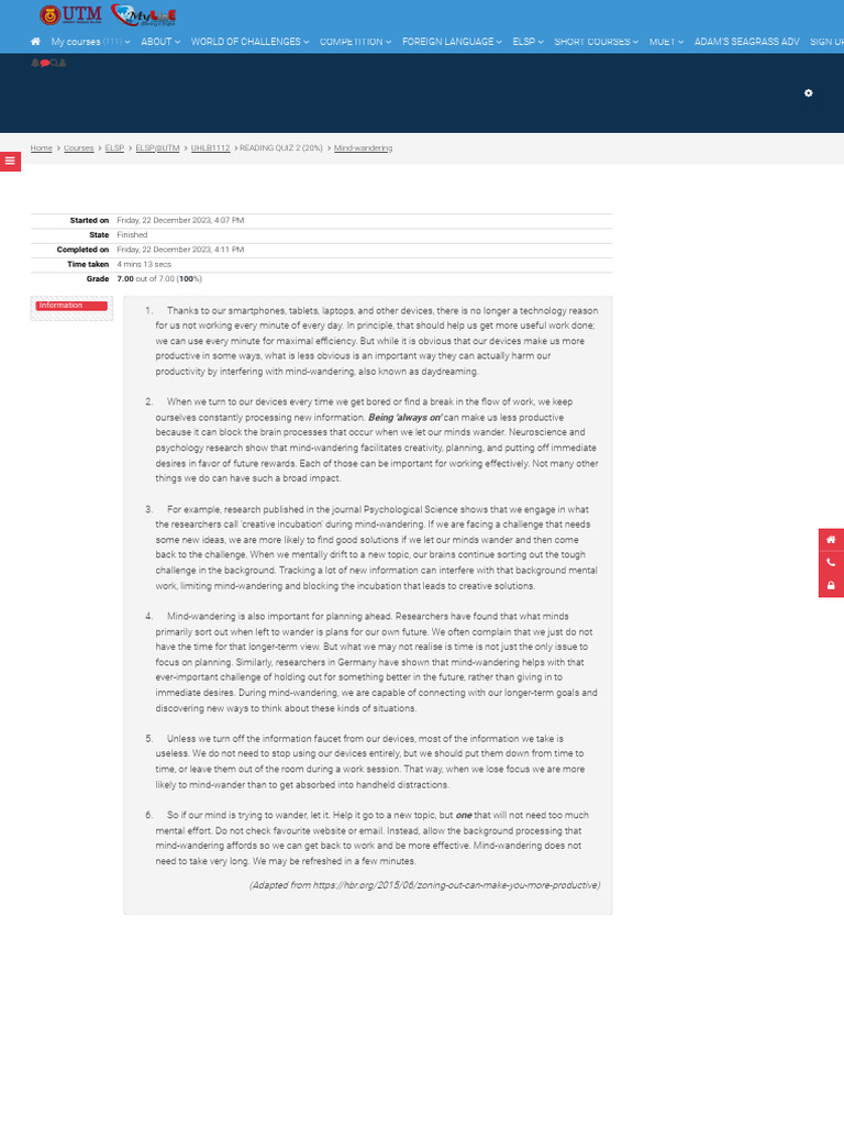 Mind-Wandering Attempt Review All True | PDF | Mind Wandering | Neuroscience