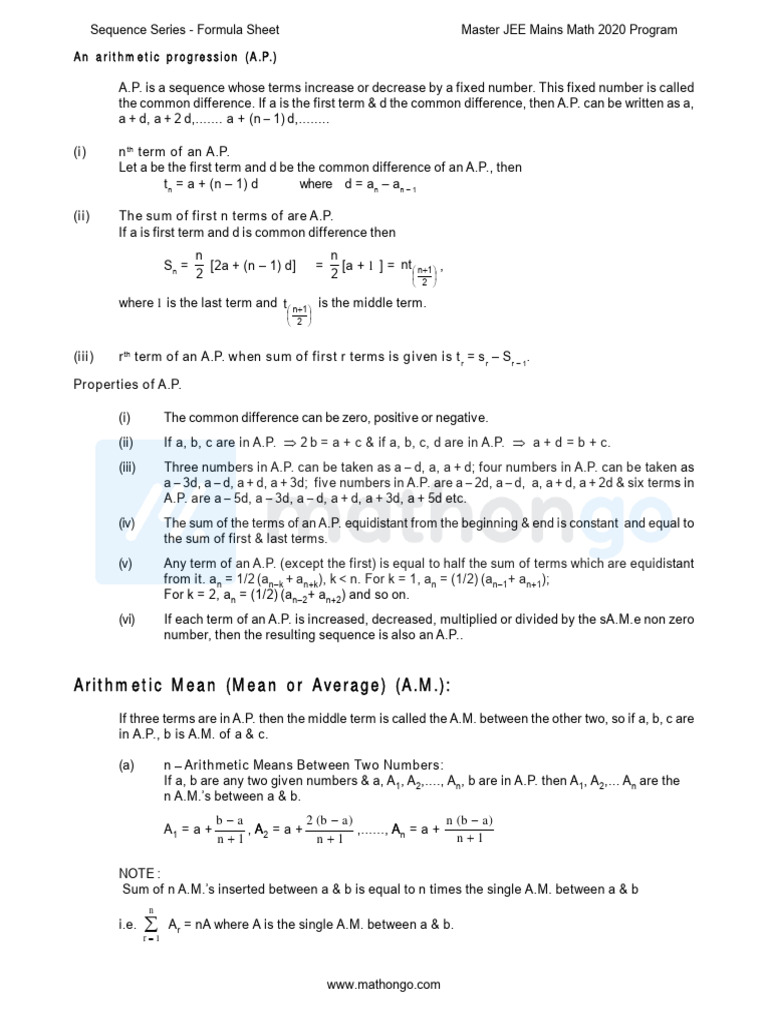 Sequence Series Formula Sheet | PDF
