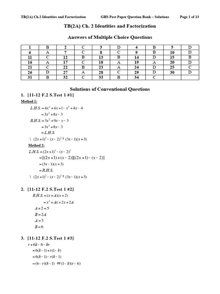 (11-16) 2A-Ch.2-Identities - Factorization - ANS | PDF | Algebra ...