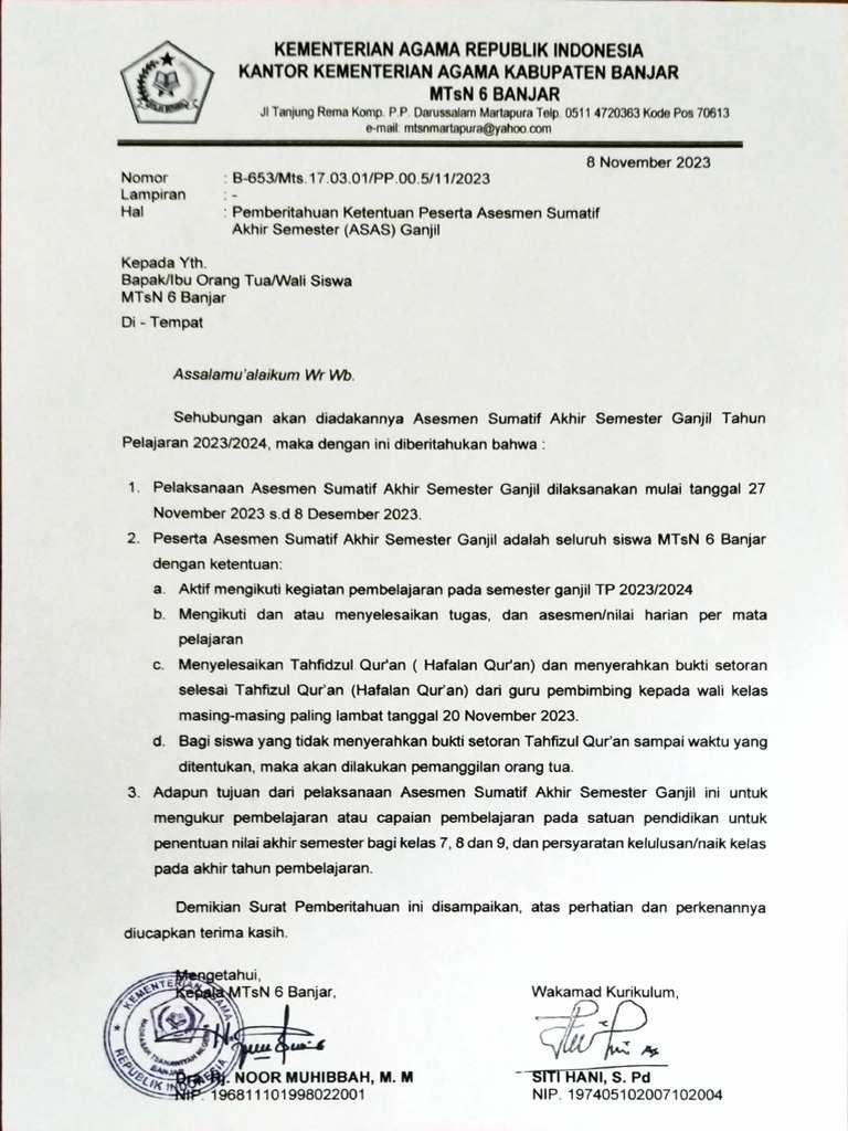 Surat Pemberitahuan ASAS GANJIL TP 2023-2024 | PDF