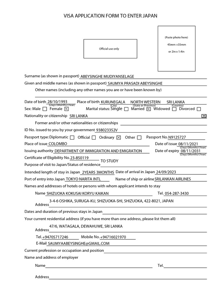Visa Application Form | PDF