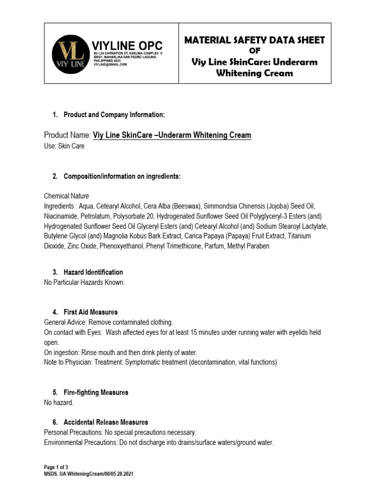 MSDS.UAWhiteningCream | PDF | Hazards | Cosmetics