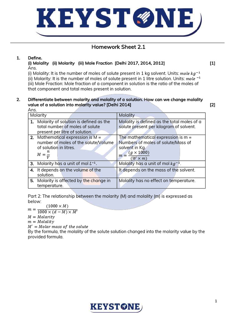 Chapter 1 HW Sheet Answer Key | PDF | Molar Concentration | Vapor