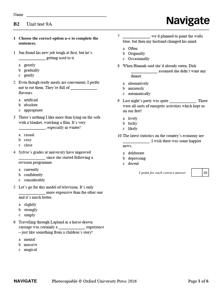 B2 Unit Test 9A: Vocabulary & Grammar | PDF | Sleep | Moon
