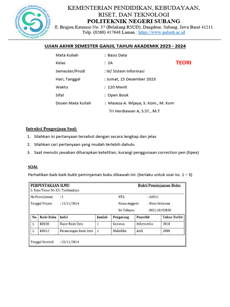 Soal UAS Teori - Basis Data 1 - 2A - Masesa A. Wijaya - SI - Revisi | PDF