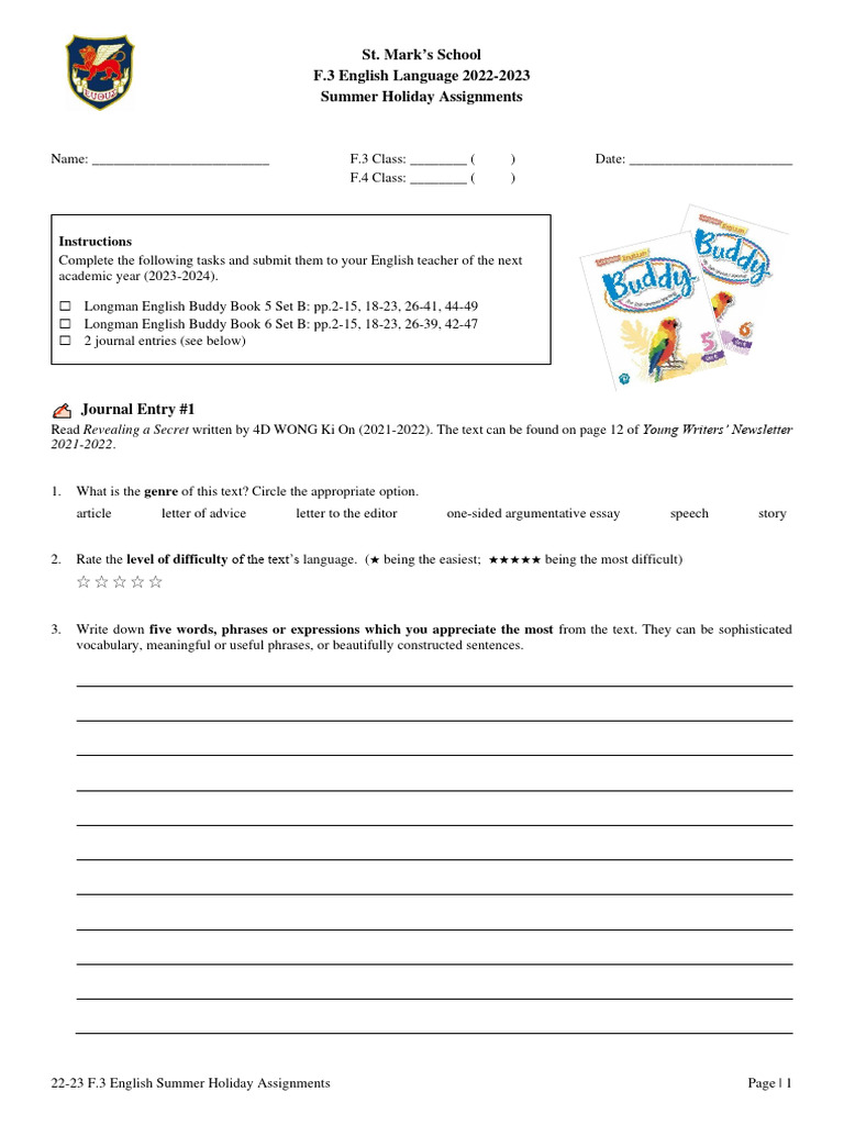 22-23 F3 ENG Summer Holiday Assignments | PDF | English Language ...