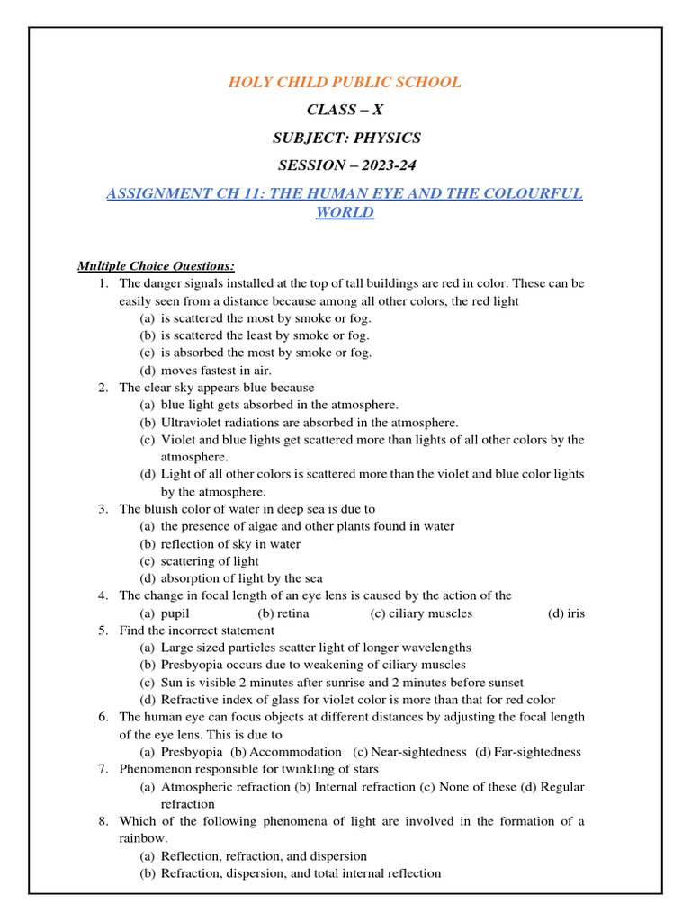 Ch-11 Human Eye Assignment | PDF