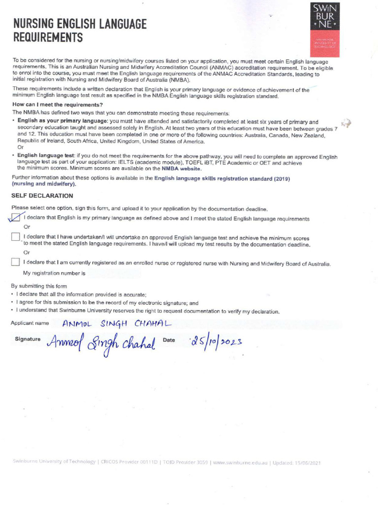 Swinburne Form (Nursing English Language Requirement) | PDF