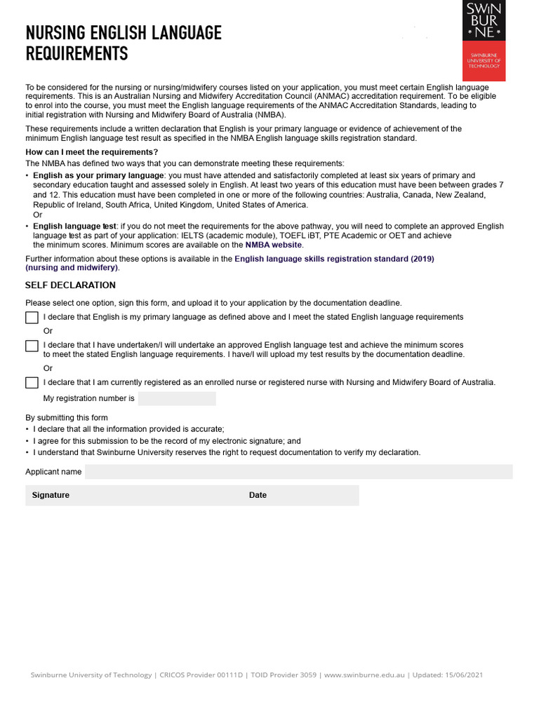 Nursing English Declaration Form - June 2021 | PDF | Nursing ...