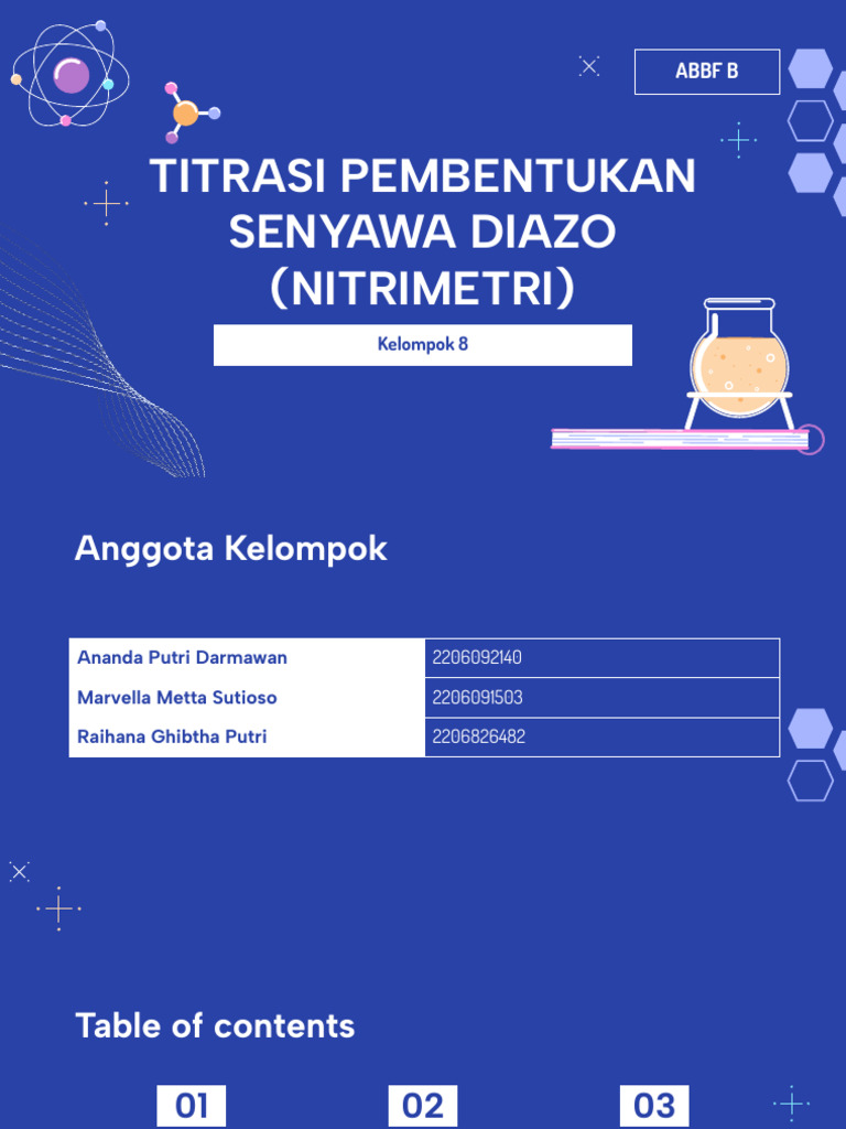 ABBF B - Kelompok 8 - Titrasi Pembentukan Senyawa Diazo (Nitrimetri) | PDF | Sains & Matematika