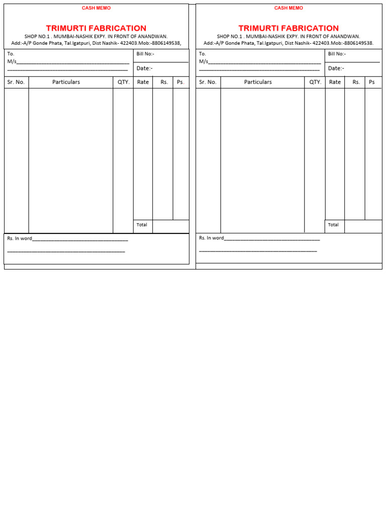 FABRICATOR BILL Formate | PDF