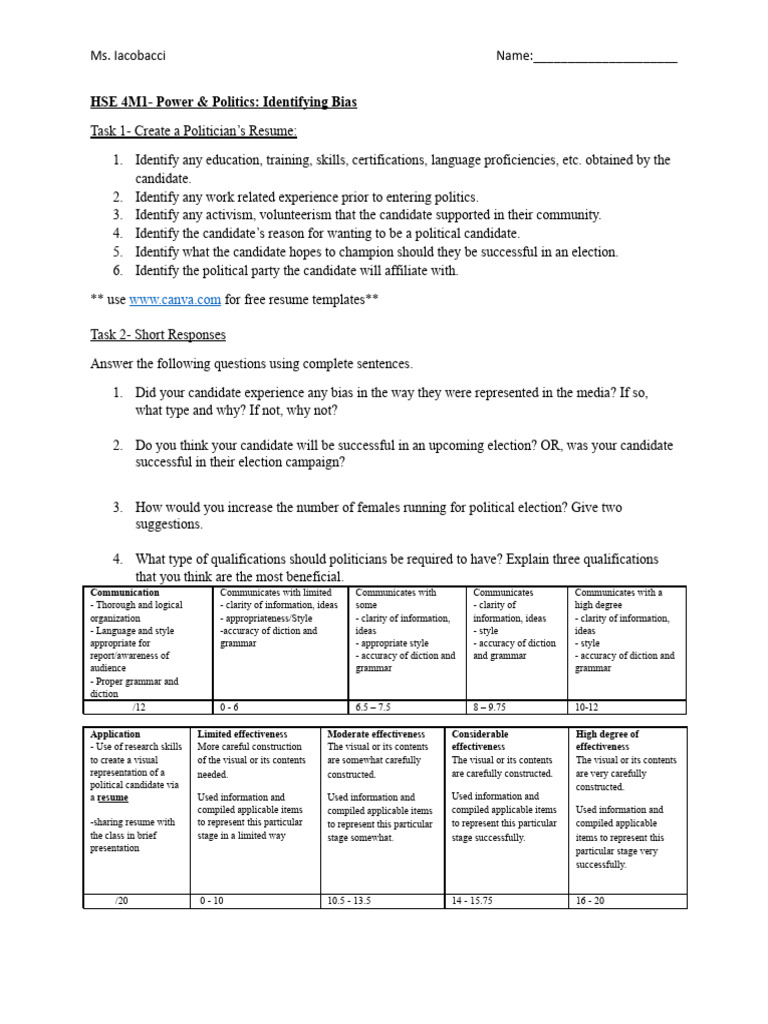 HSE 4M1 - Identifying Power and Politics - Resume | PDF | Learning | Communication