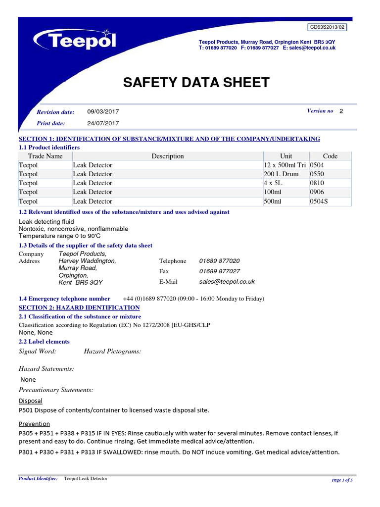 Teepol Leak Detector Safety Data Sheet | PDF | Self-Improvement ...