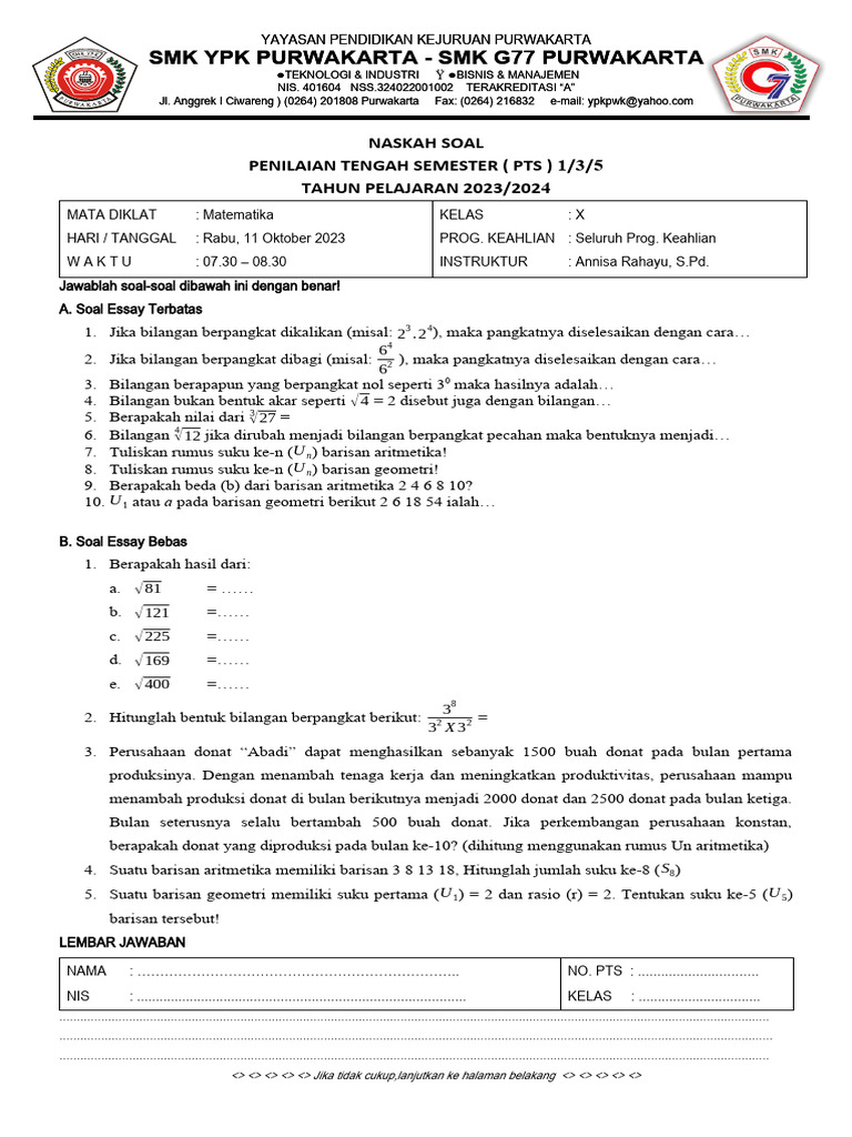 Soal PTS - MTK - Kelas X.TP 2023-2024 Ganjil | PDF
