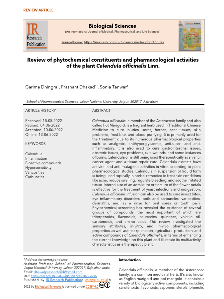 @ Dhingra BS 2022 Review On Phytochemical Constituents and Pharmacological Acitivities Calendula ...