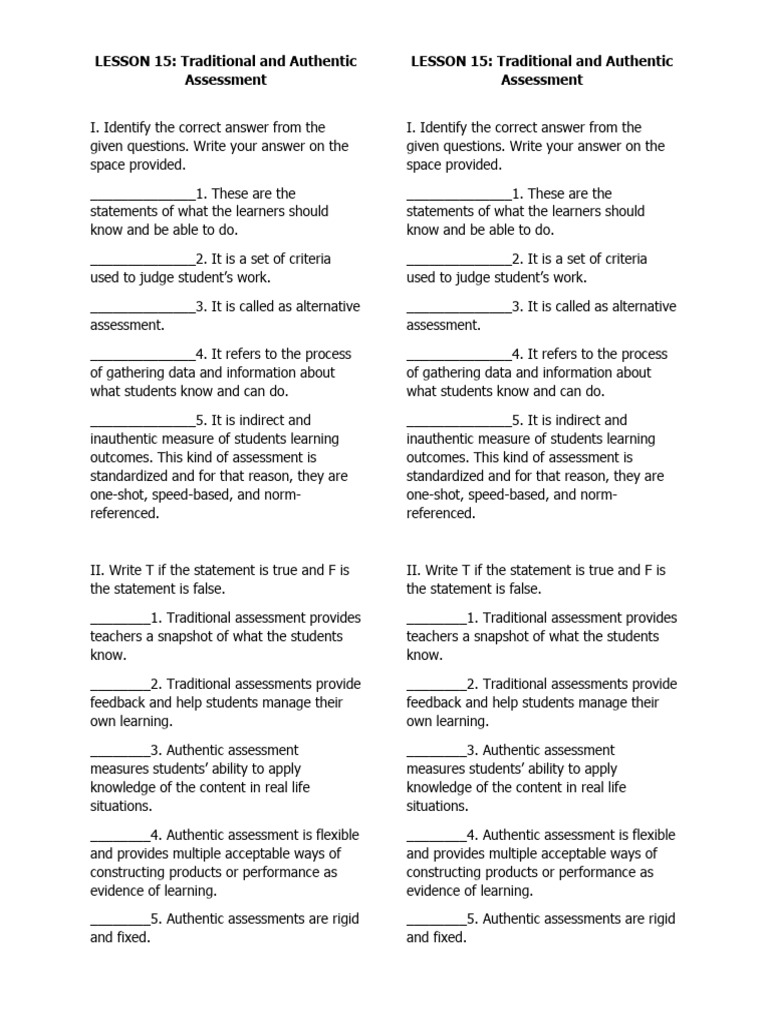 Traditional vs Authentic Assessment Guide | PDF | Career & Growth