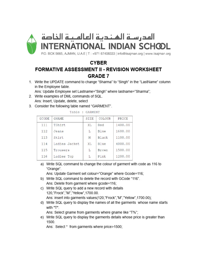 Grade 7 Fa2 Worksheet 2023-24 | PDF | Sql | Table (Database)