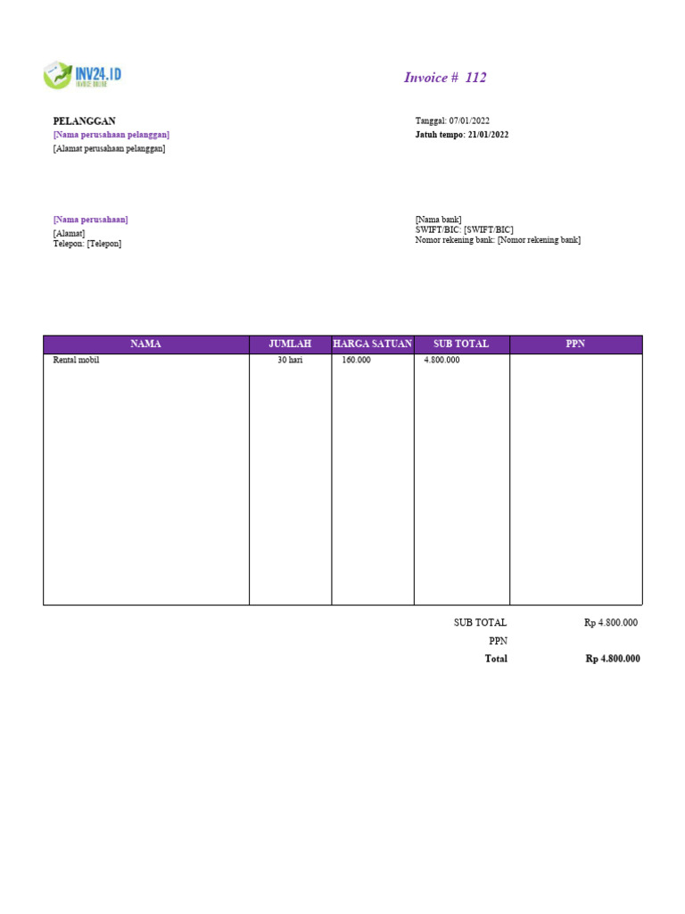 Invoice Sewa Mobil 30 Hari | PDF | Bisnis | Pengelolaan Keuangan & Uang