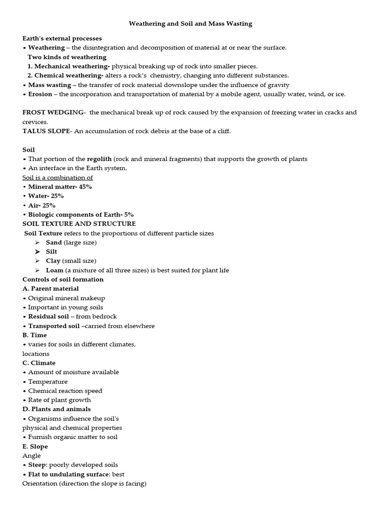 Weathering, Soil, and Mass Wasting Notes | PDF | Stream | Soil