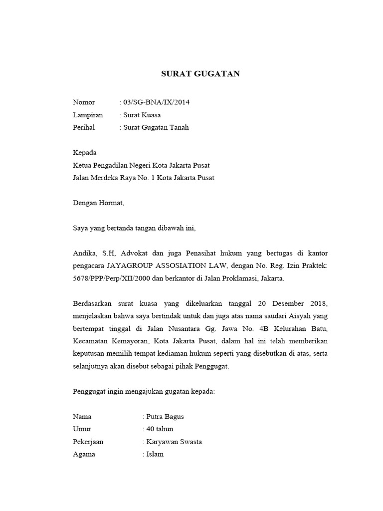 Surat Gugatan Sengketa Tanah 2014 | PDF