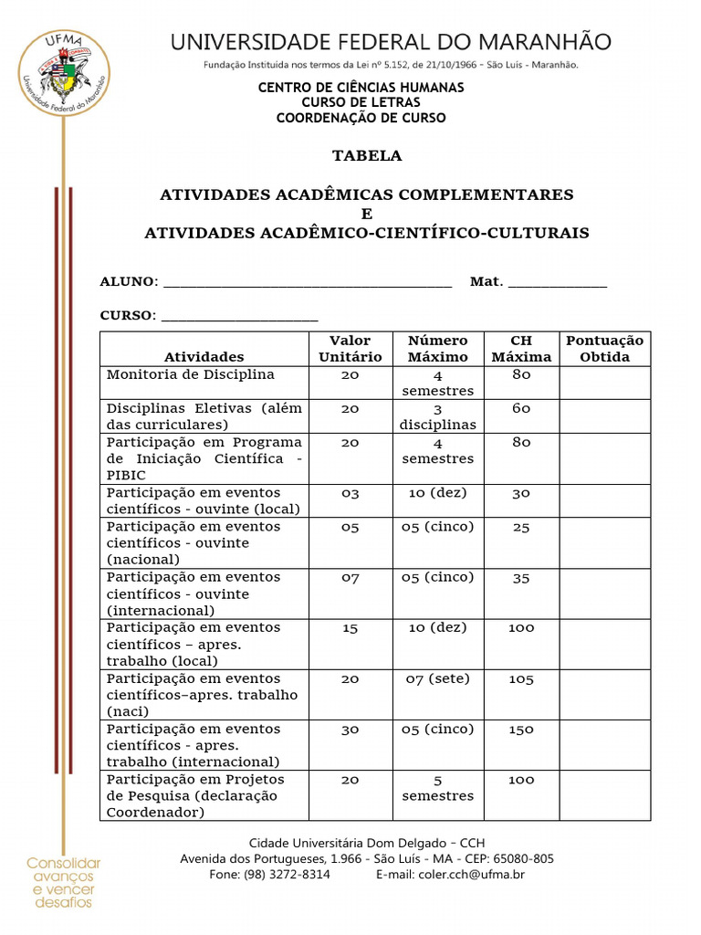 Tabela de Atividades Complementares | PDF | Ciências e Matemática | Computadores
