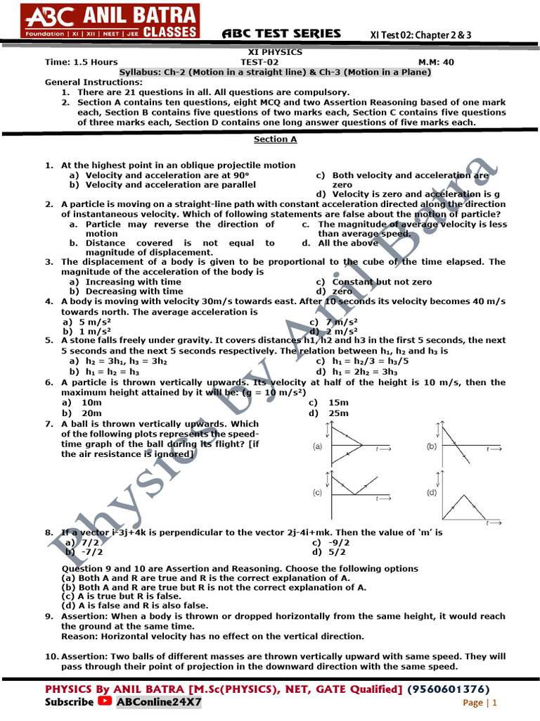 ABC XI TEST SERIES TEST-02 CHAPTER 2 and 3 2023-24 | PDF | Acceleration ...