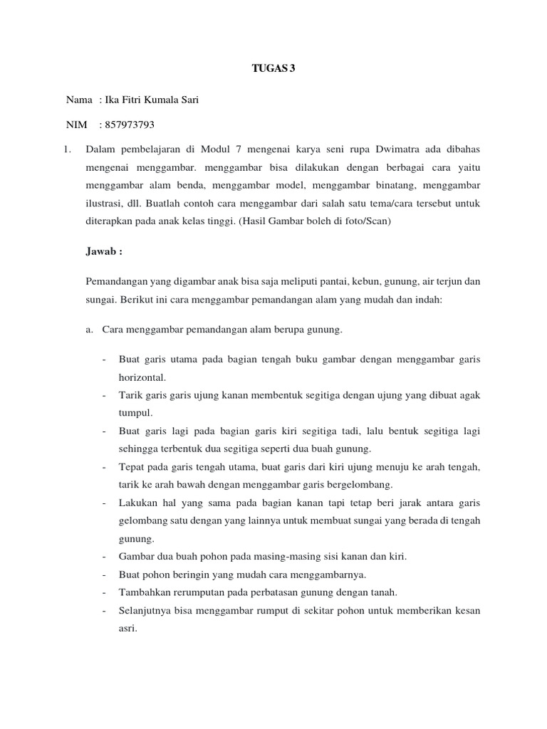 Tugas 3 Pendidikan Seni Di SD - Ika Fitri Kumala Sari - 857973793 | PDF | Sains & Matematika